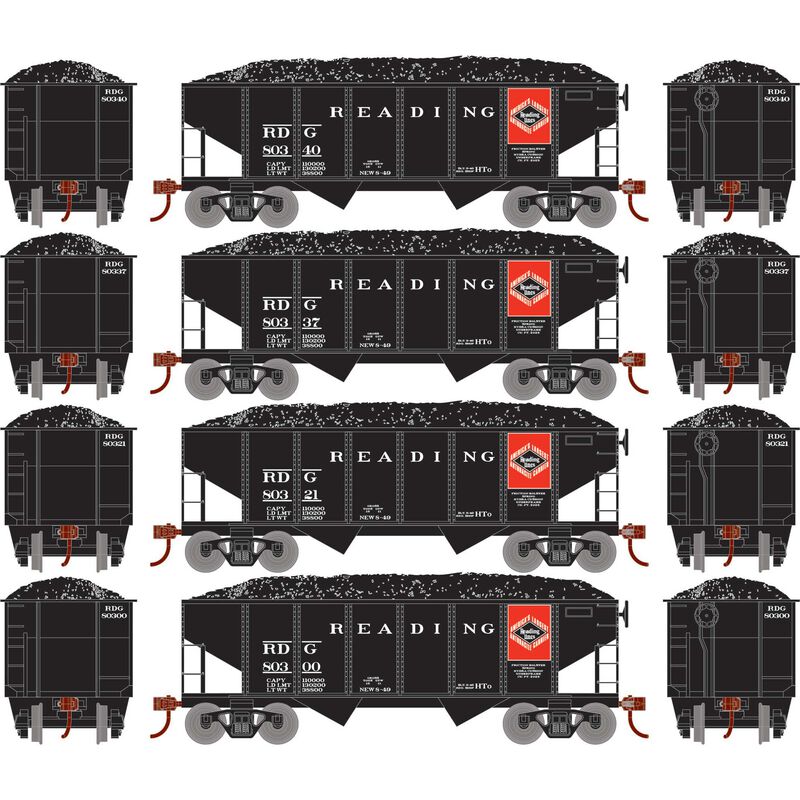 HO 34' 2-Bay Rib Side Hopper with Load, RDG #1 (4) Model Train | Athearn